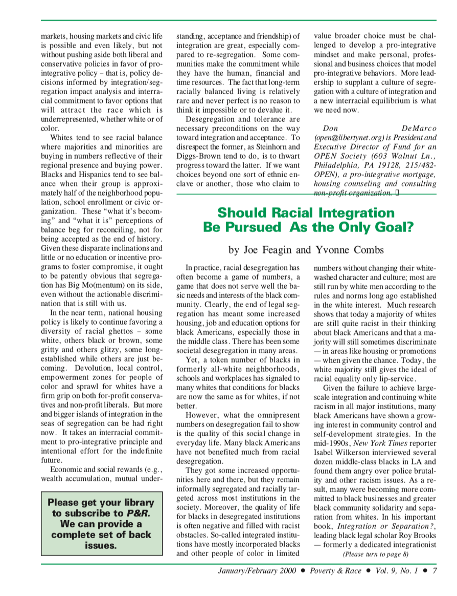 "Should Racial Integration Be Pursued As the Only Goal?" by Joe Feagin ...